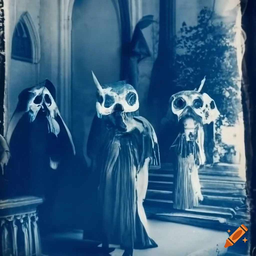Cyanotype of cult members wearing bird skull and owl masks in a ...