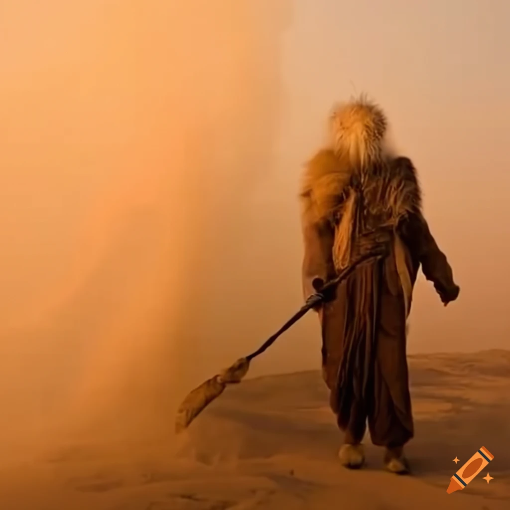 Image of a tribal man entering a sandstorm with a torch on Craiyon