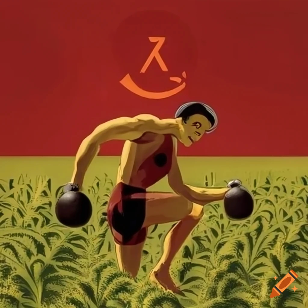 Soviet poster of kettlebell workout in front of a hemp field on Craiyon