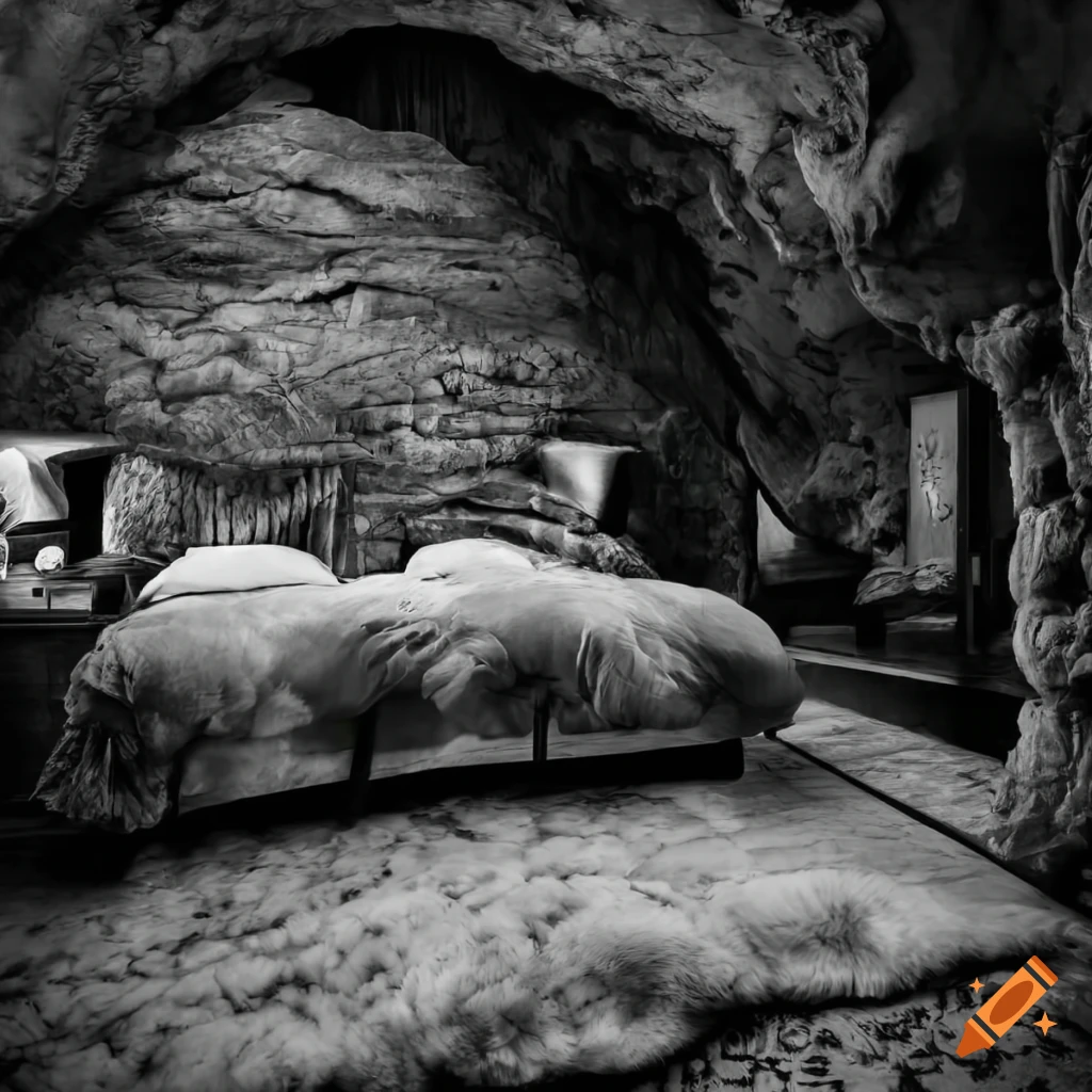 Monochrome bedroom suite in a cave with bear pelt floor on Craiyon