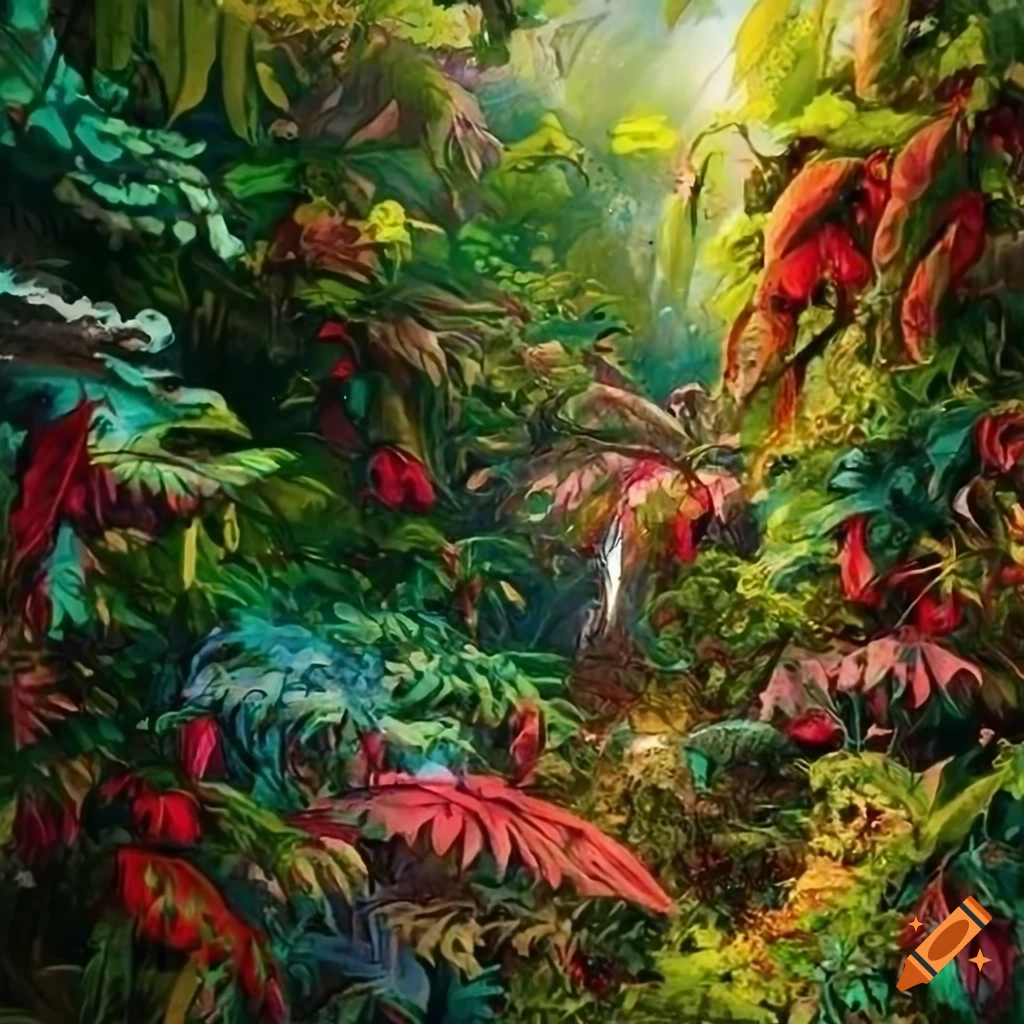 Illustration of a colorful jungle with birds and butterflies on Craiyon