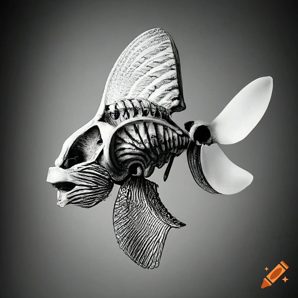 Blackwork art of a mechanical fish with spinning boat propellers on Craiyon
