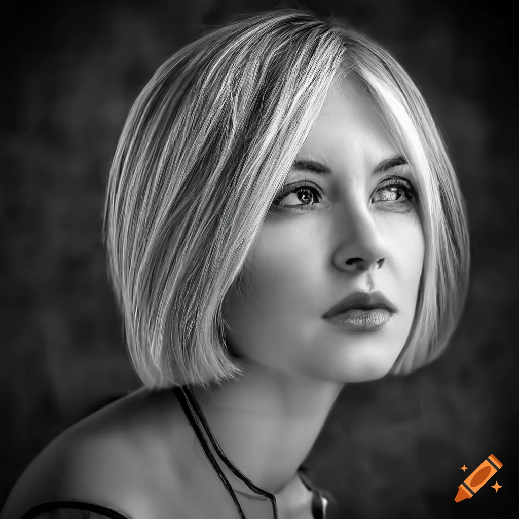 Realistic greyscale portrait of a young woman on Craiyon