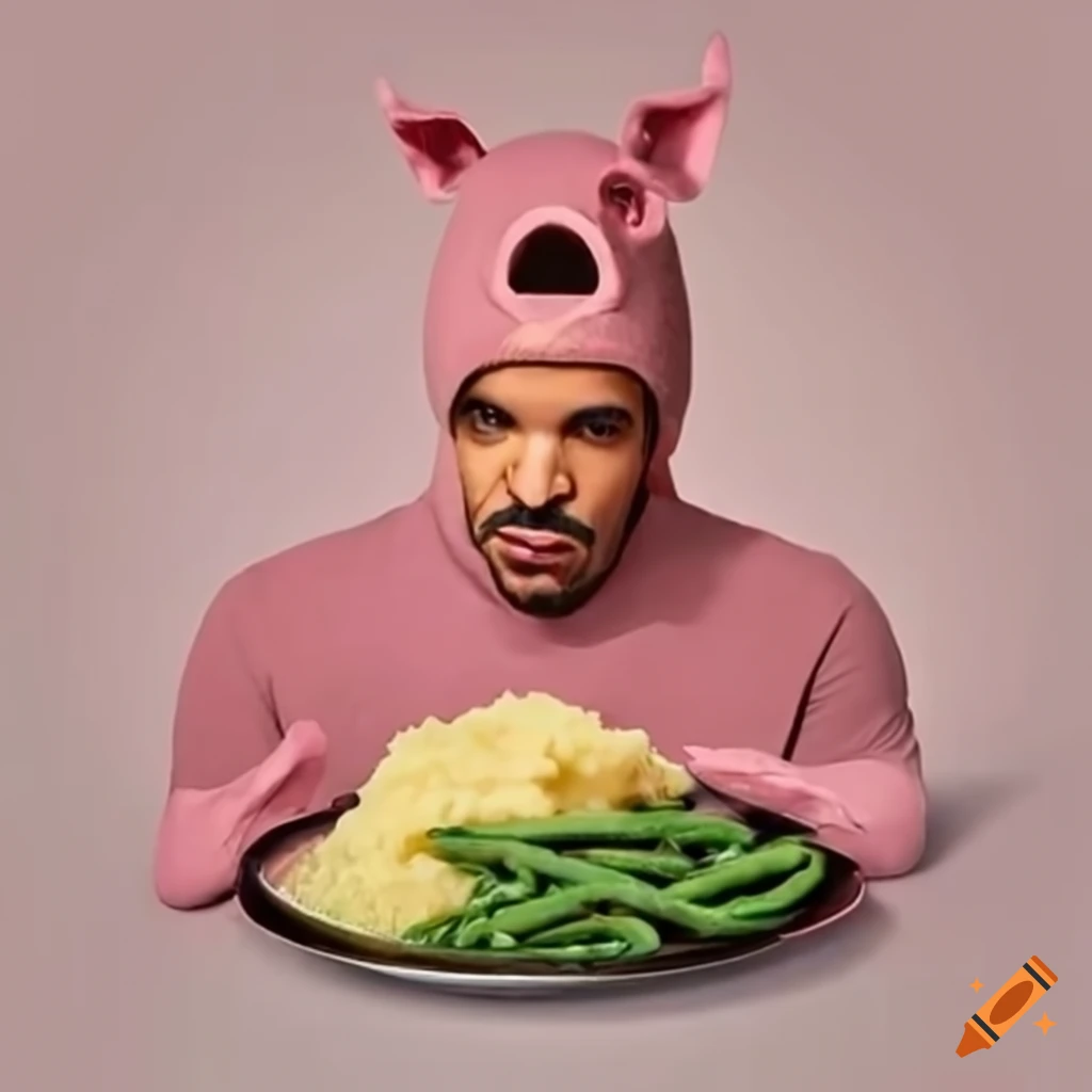 Drake in pig costume sitting on a plate with green beans and mashed ...