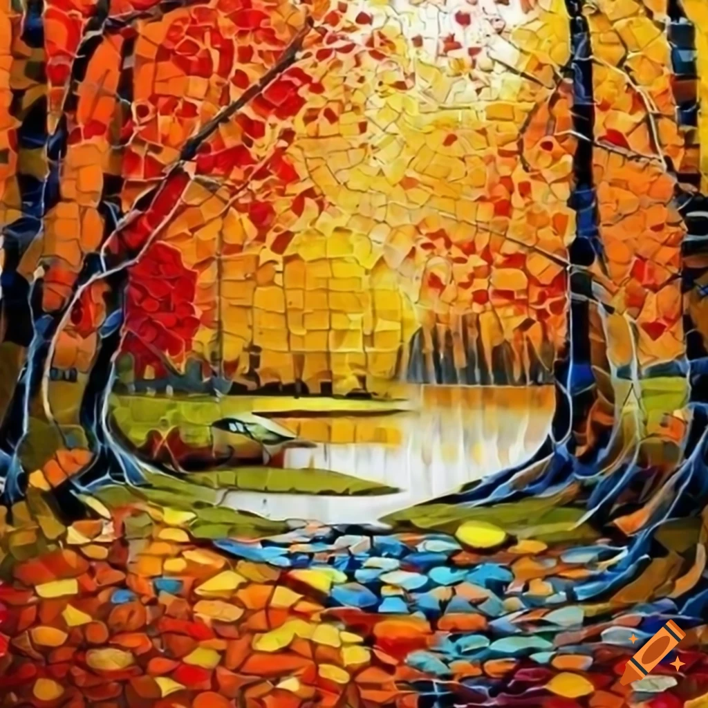 Mosaic painting of a swirly autumn landscape