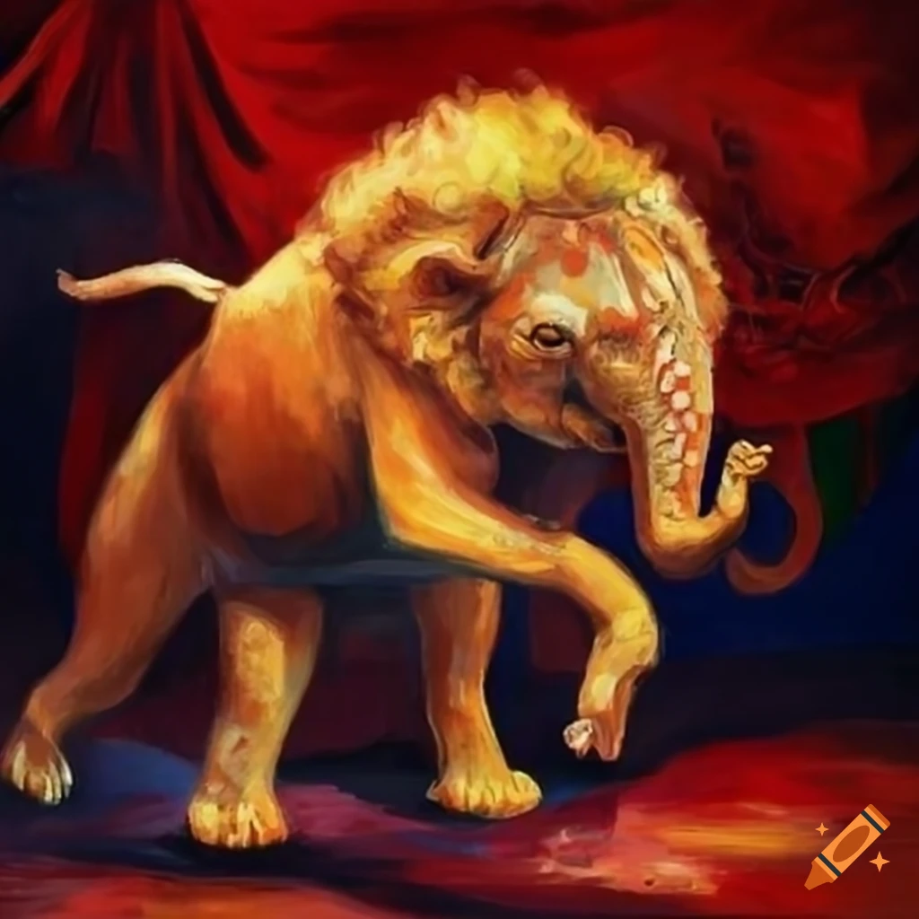 Colourful biblical circus painting with acrobats, clowns, elephant, and ...