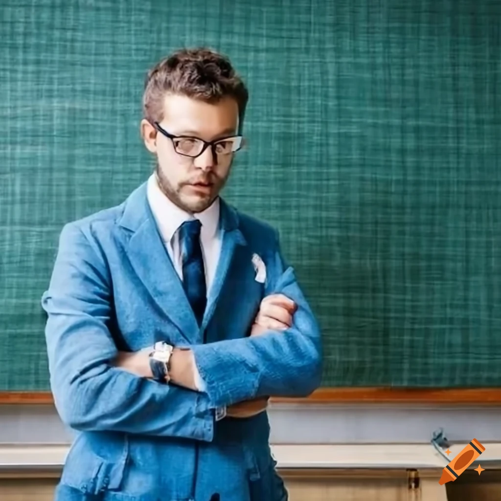 Professor in blue tweed jacket in classroom on Craiyon