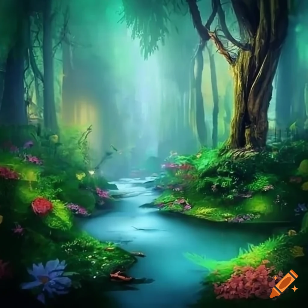 Colorful fantasy forest with sparkles and flowers on Craiyon