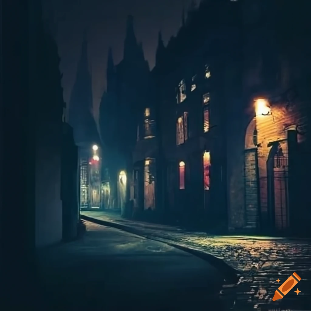 Nighttime view of a dark city street on Craiyon