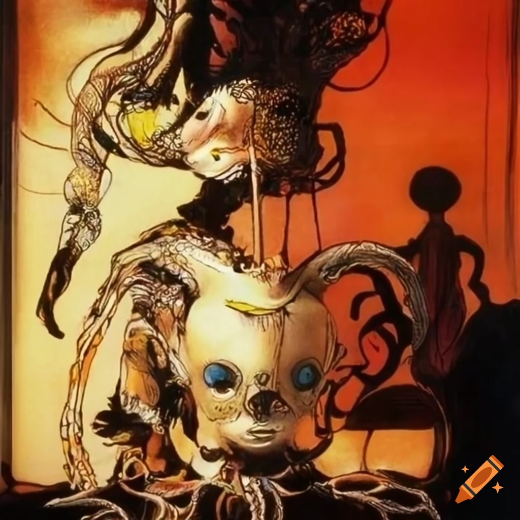 Yoshitaka Amano's organic machine art from 70s sci-fi on Craiyon