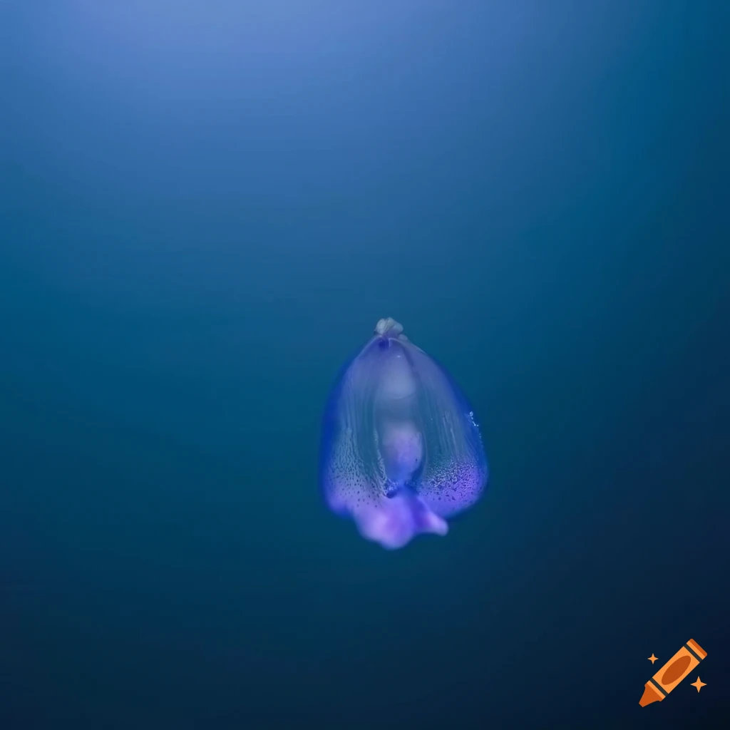 Translucent wild orchid sea creature in dark blue underwater scenery on ...