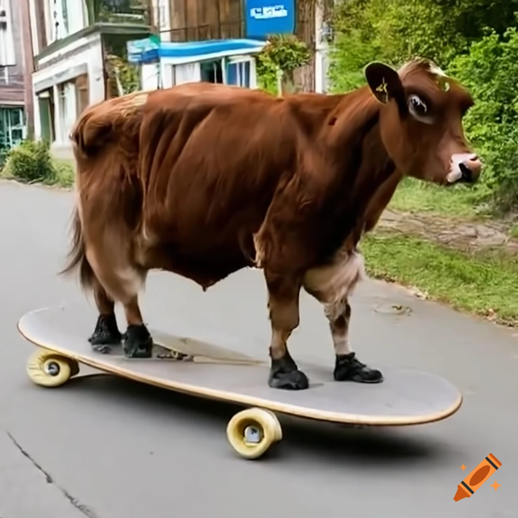 Skateboarding cow with long hair on Craiyon