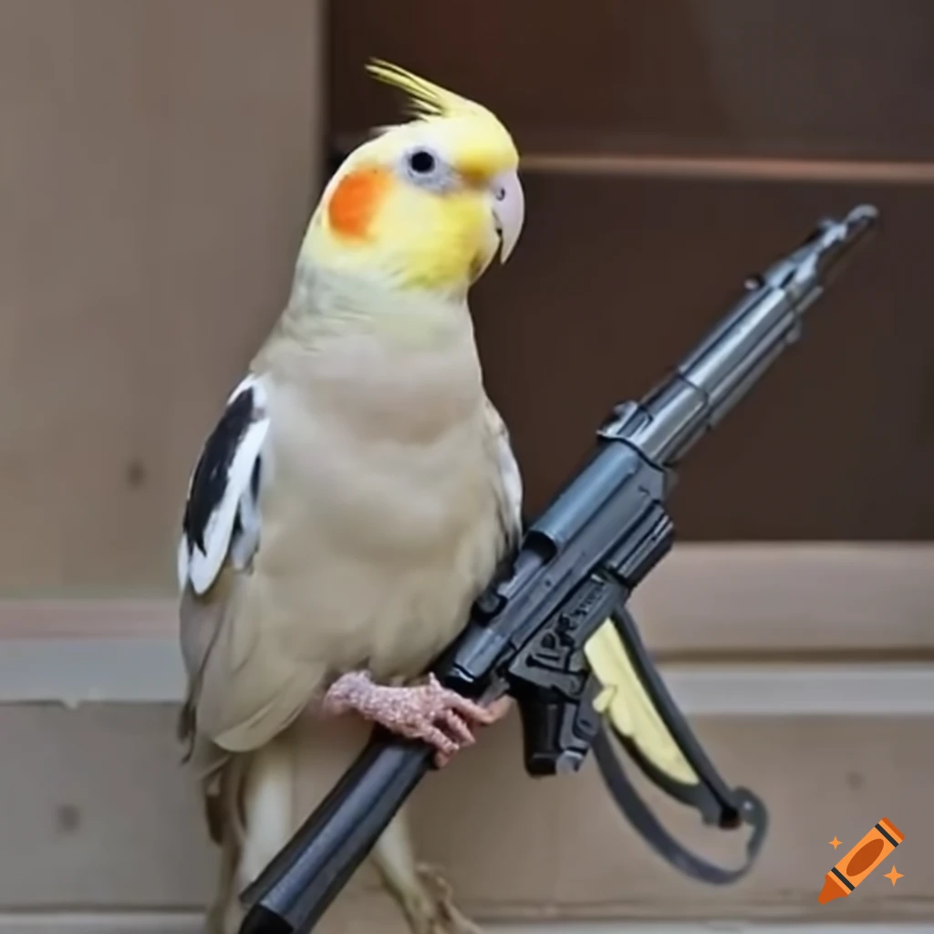Satirical image of a cockatiel with a gun and a bulletproof vest on Craiyon