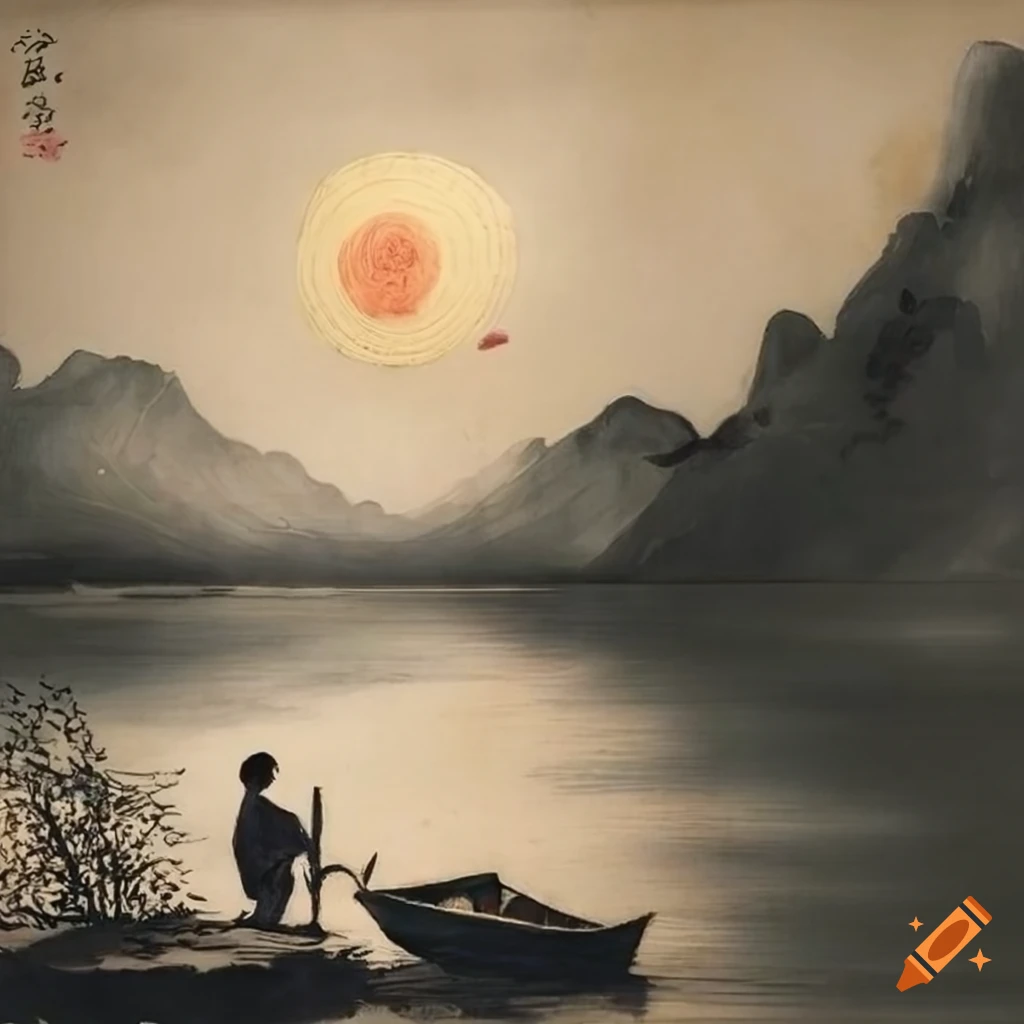 Chinese ink painting of a tranquil lake with a boat and a fishing old ...