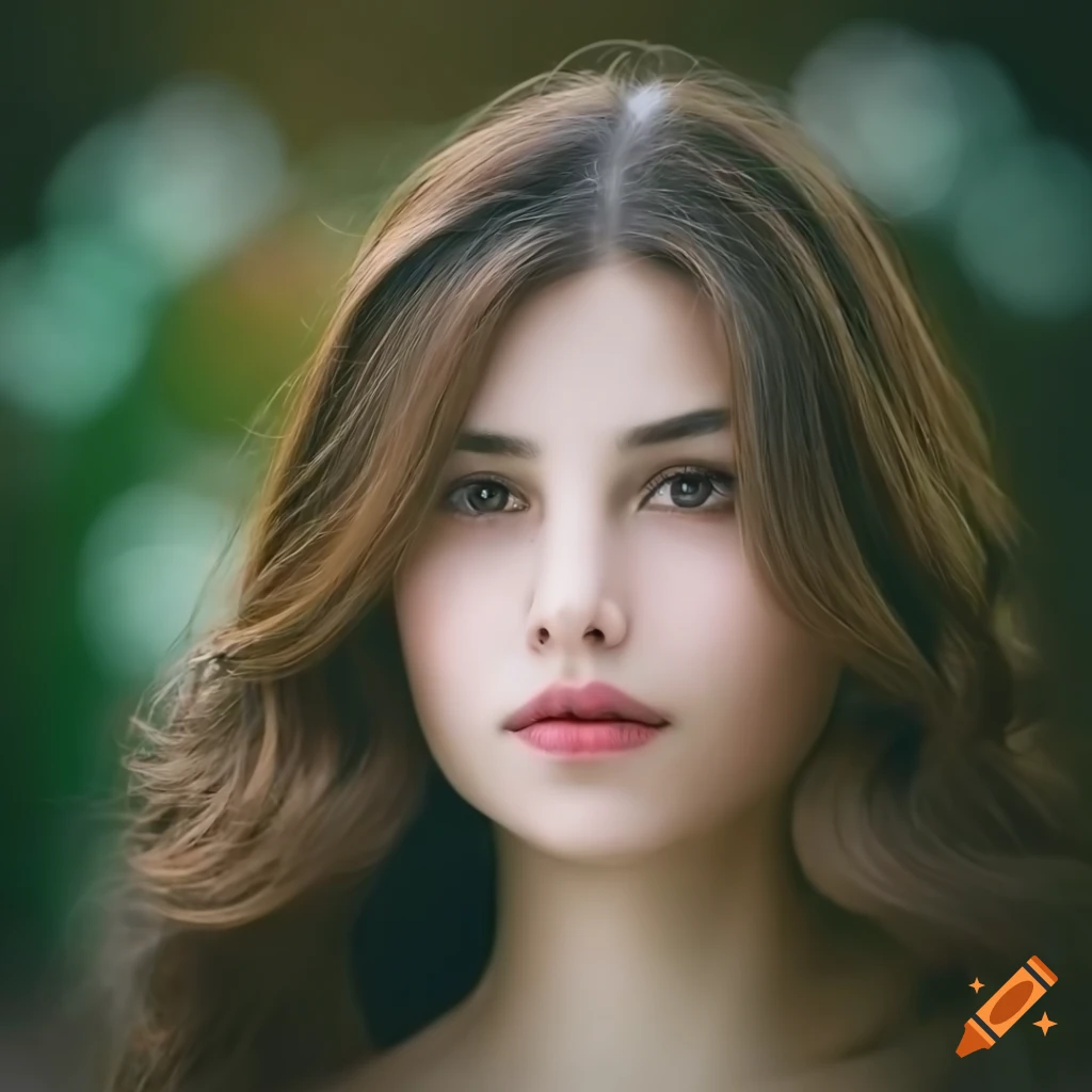 Close-up of a woman with symmetrical features and beautiful hair and ...