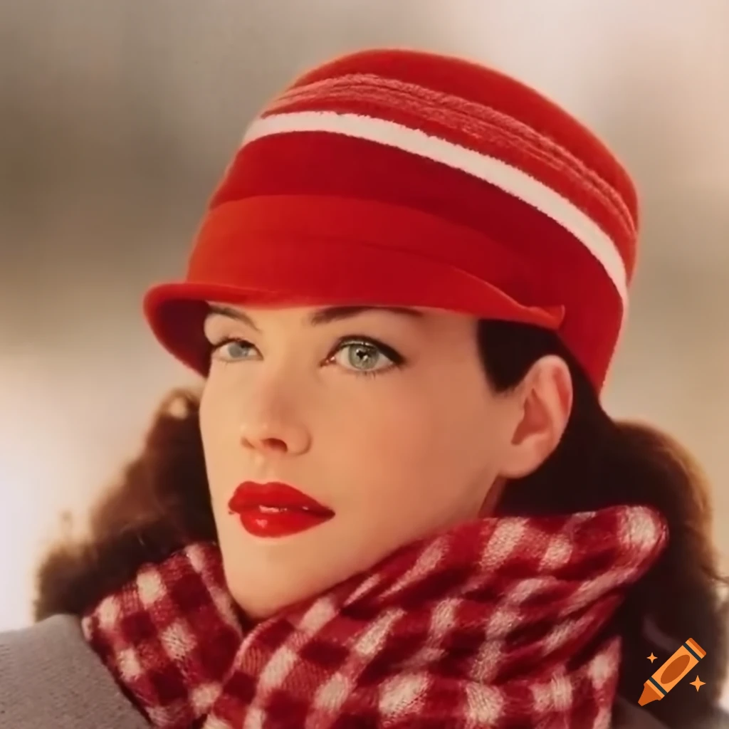 Portrait of a stylish woman in a red gingham hat, scarf and gloves on ...