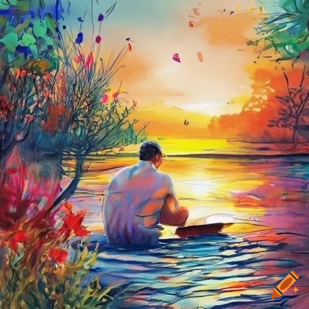 Disegno acquerello di un uomo che legge un libro in riva al fiume al ...