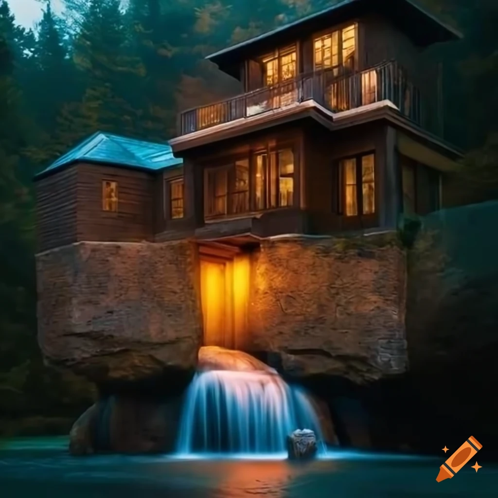 Modern mansion with waterfall in the forest at night on Craiyon