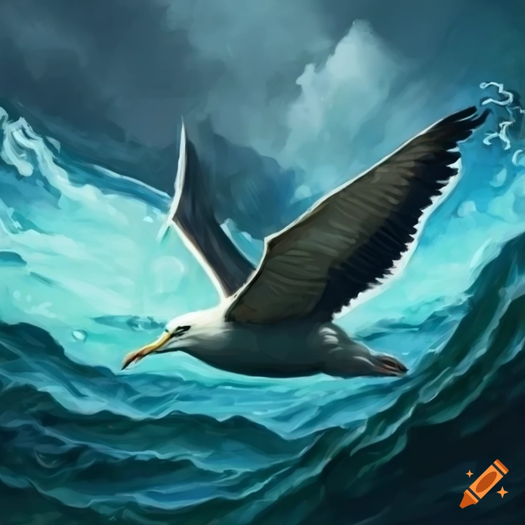 Artistic depiction of an albatross soaring over a wave and a ship on ...