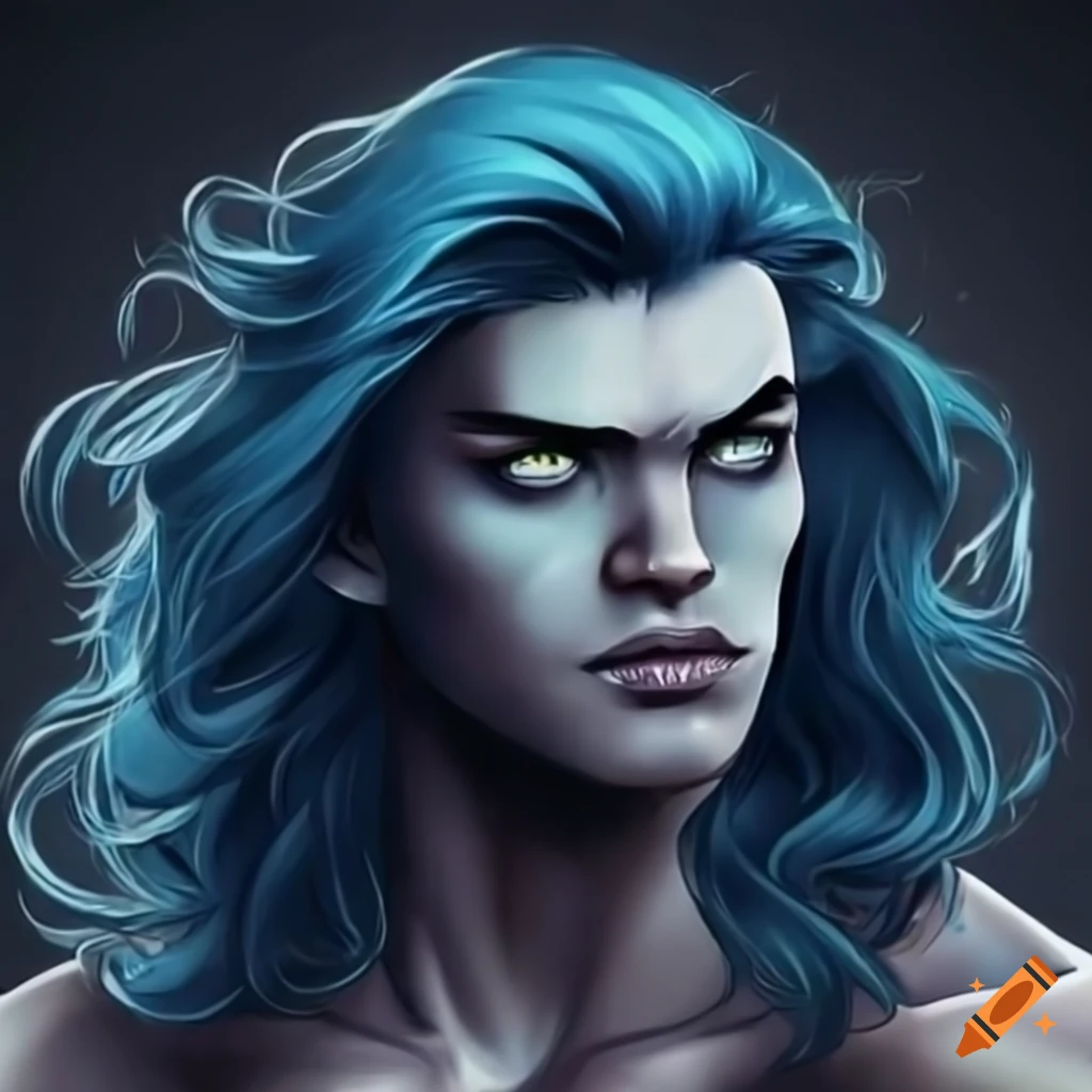 Character with blue skin and wavy black hair on Craiyon