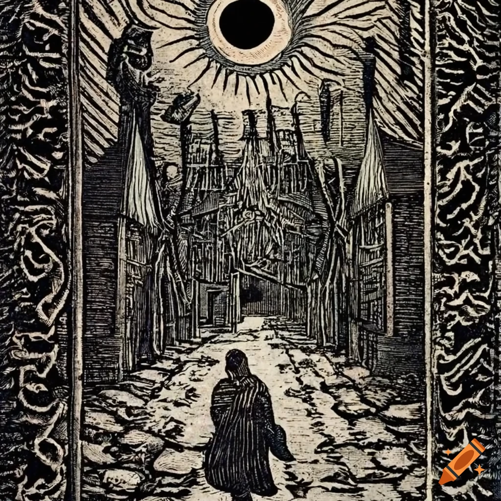 Woodcut etching of broken men walking towards a black sun on Craiyon