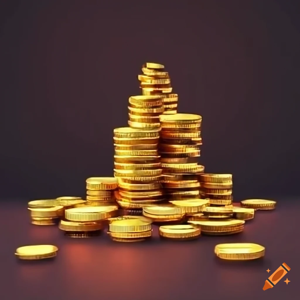 Stacks of gold coins in a mountain-like shape on Craiyon