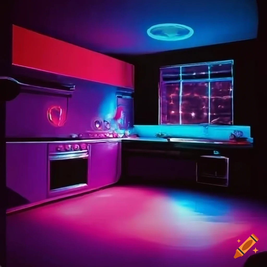 Cosmic-inspired kitchen with neon painted walls on Craiyon