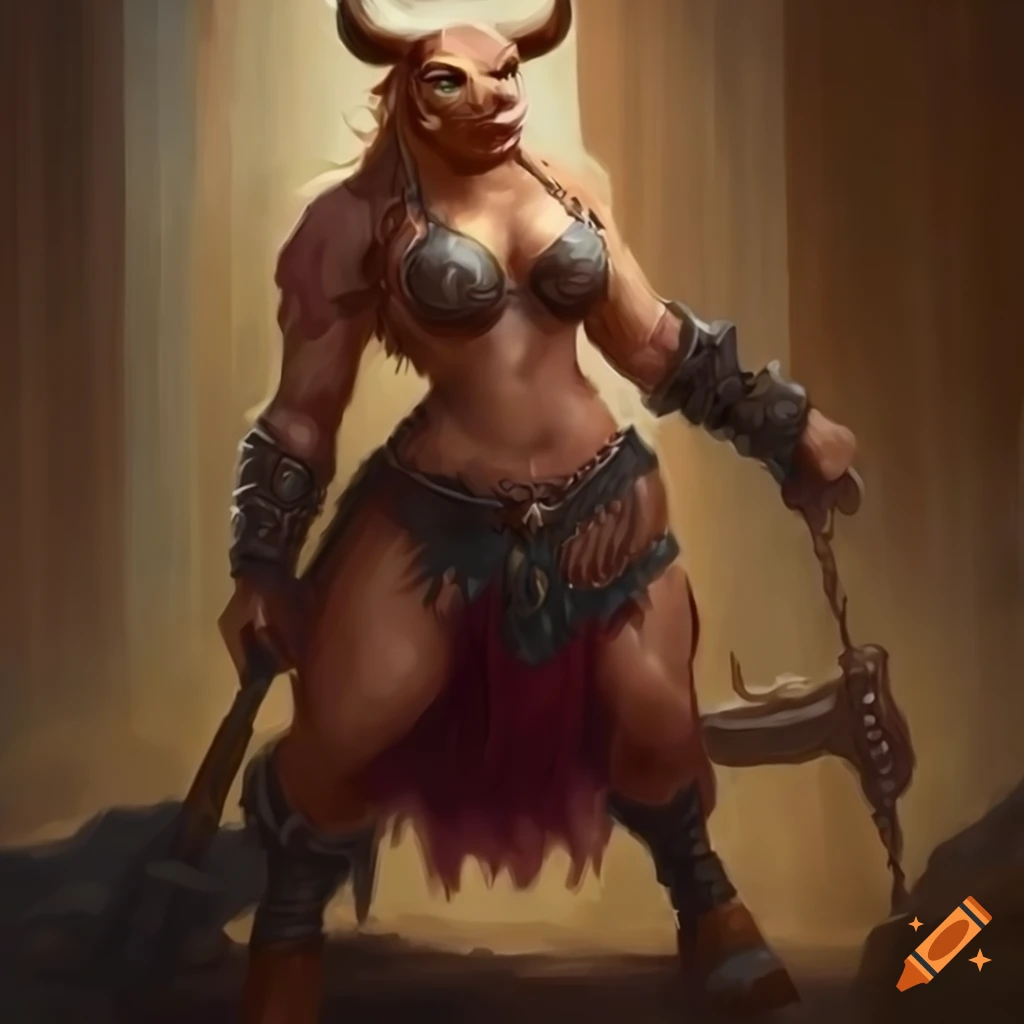 Oil painting of a female minotaur in a fantasy setting on Craiyon