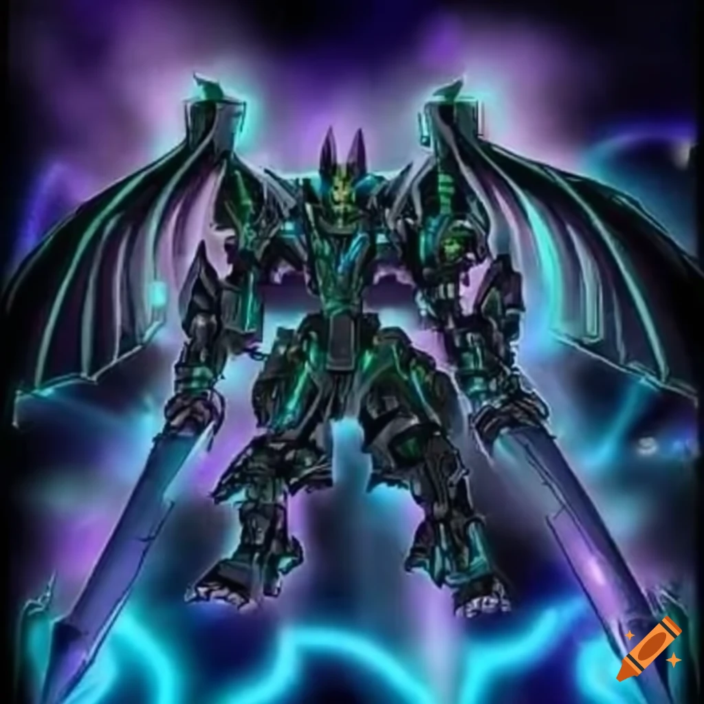 Futuristic yugioh style artwork of a mechanical divine entity on Craiyon