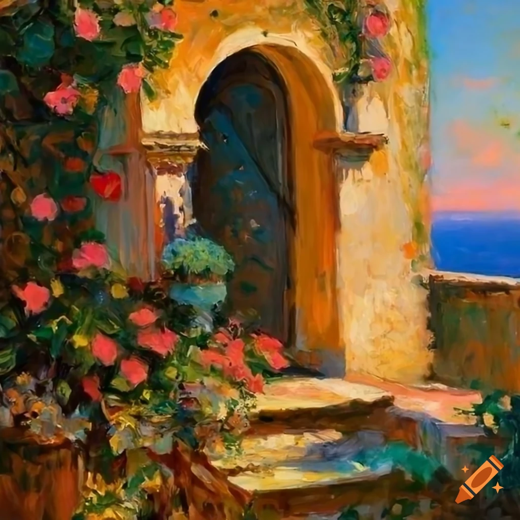 Impressionist painting of a charming Italian house with courtyard on ...