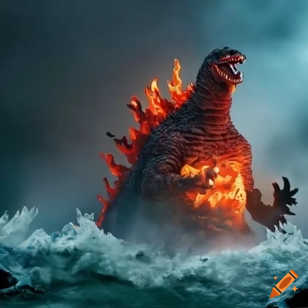 Illustration of a fiery Godzilla emerging from the mist on a stormy sea ...