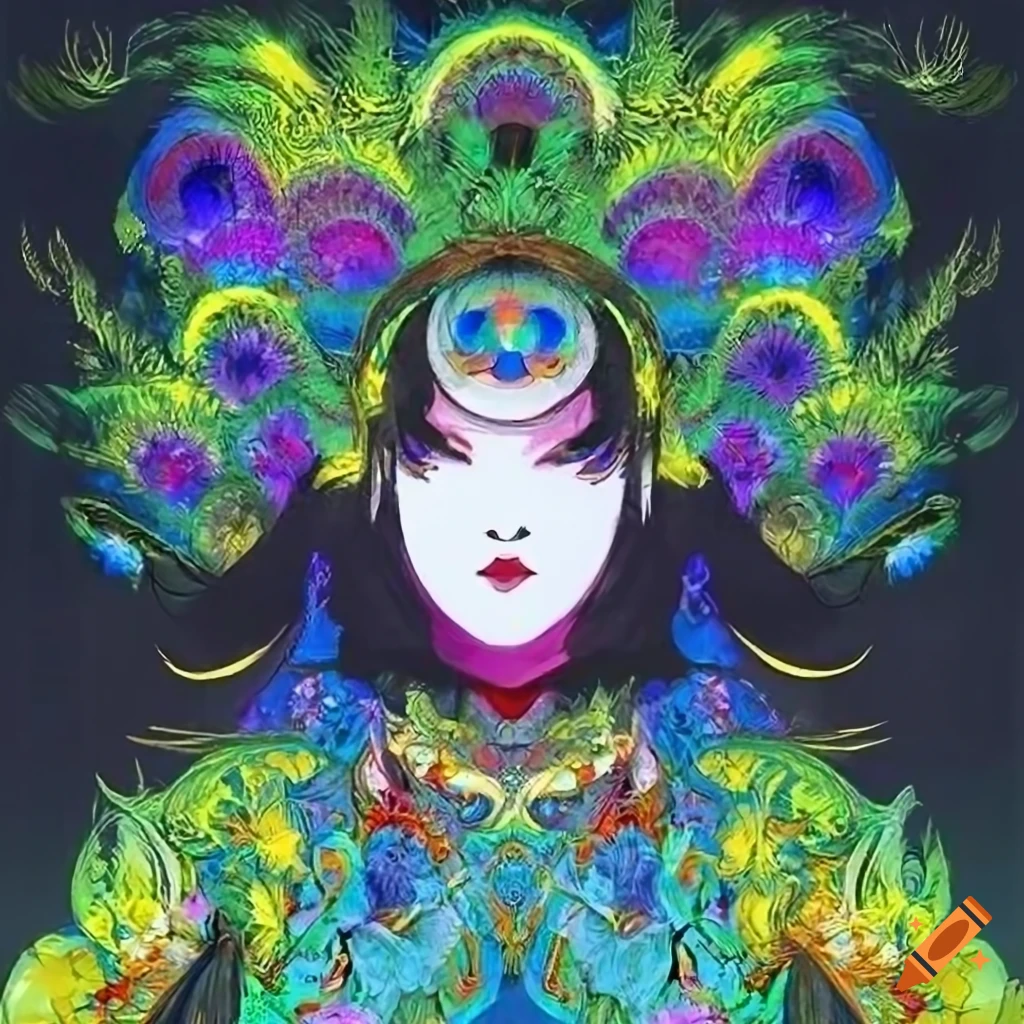 Yoshitaka amano style art of a woman in raven feathers in a hindu ...