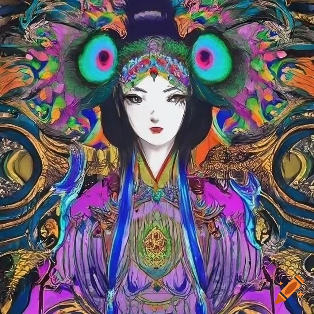 Yoshitaka amano style art of a woman in raven feathers in a hindu ...