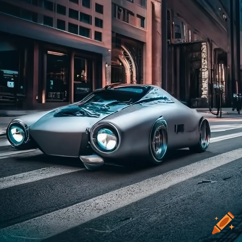 Retro-futuristic car with turbo-thrust jet engine parked in the city on ...