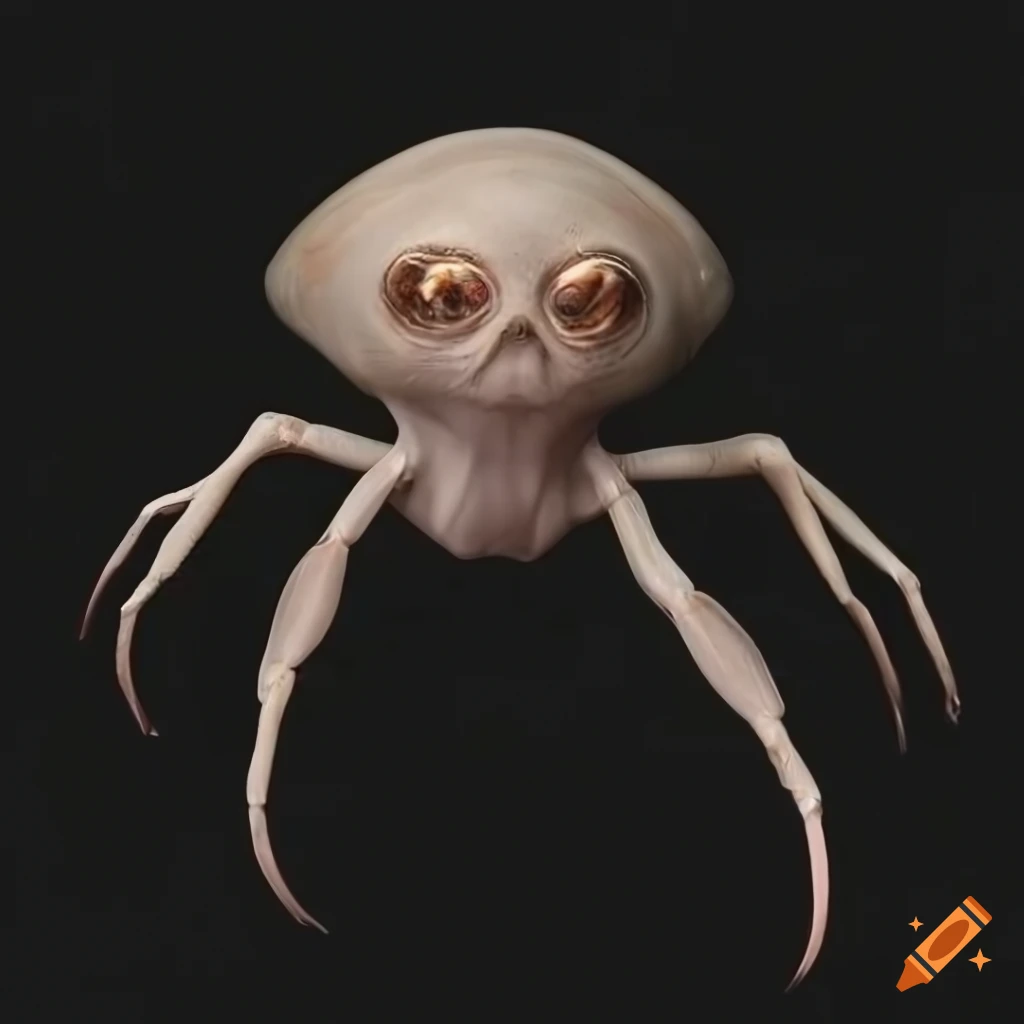 Photorealistic humanoid alien with mollusk and crab features on Craiyon