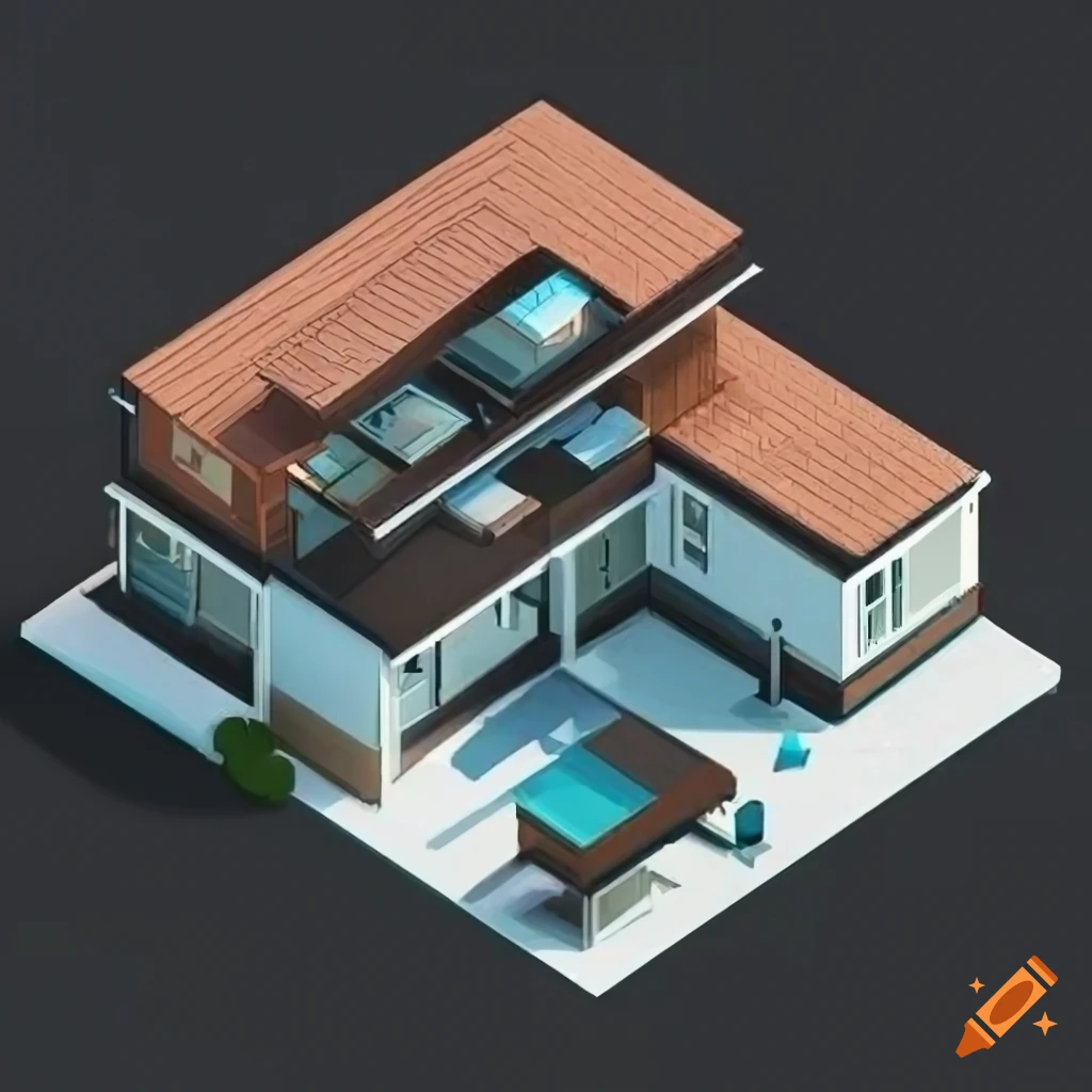 Isometric view of a modern house on Craiyon