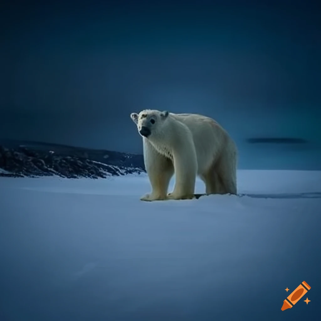 Digital art of a mutated polar bear in a frozen landscape on Craiyon