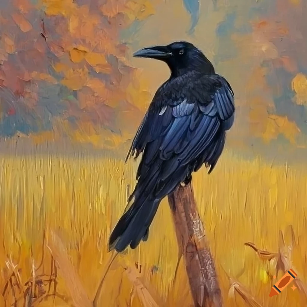 Oil painting of a crow on a scarecrow in a golden field on Craiyon