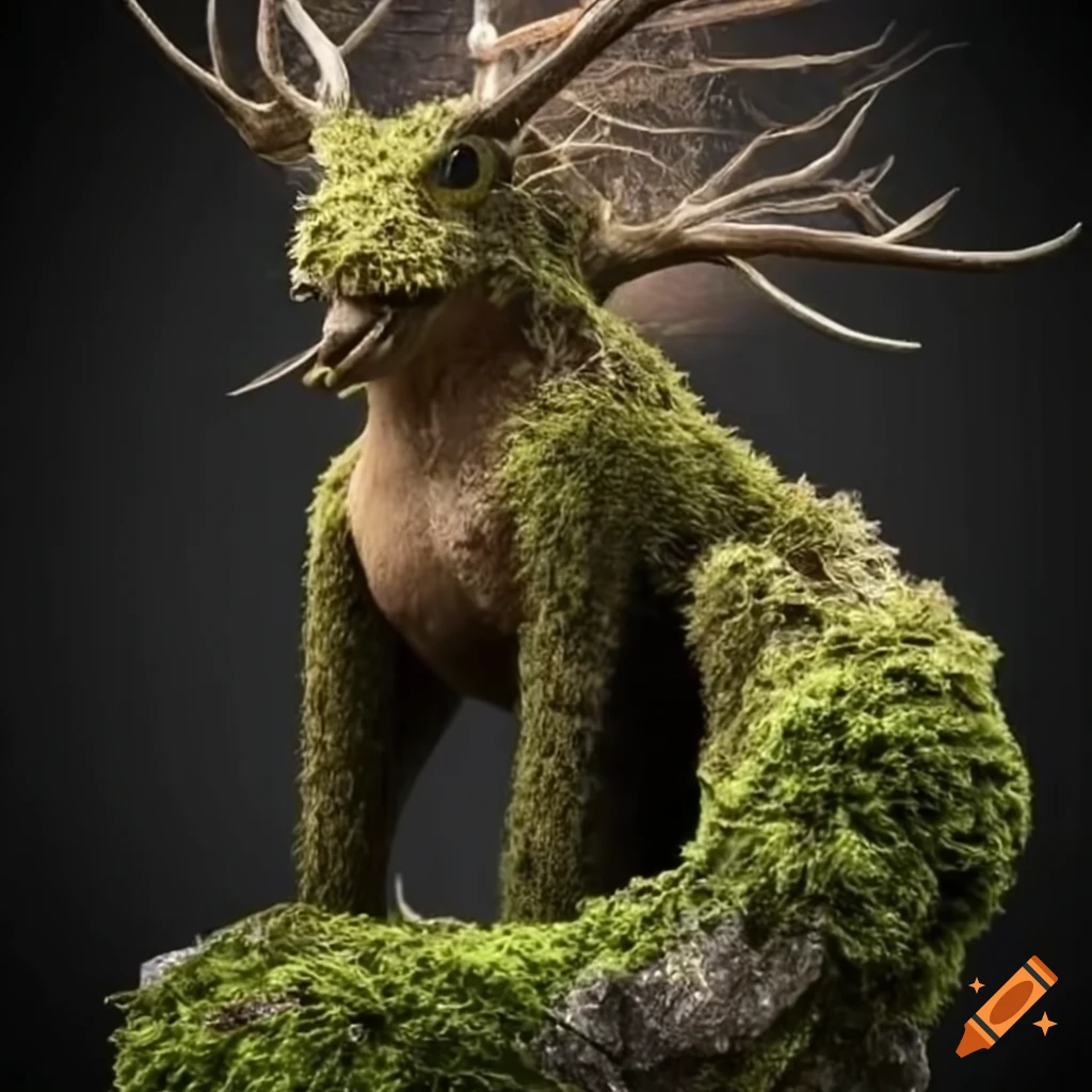 Sculpture of a mossy rock monster with crystal cluster on Craiyon