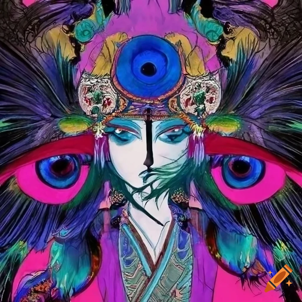Yoshitaka amano style art of a woman in raven feathers in a hindu ...