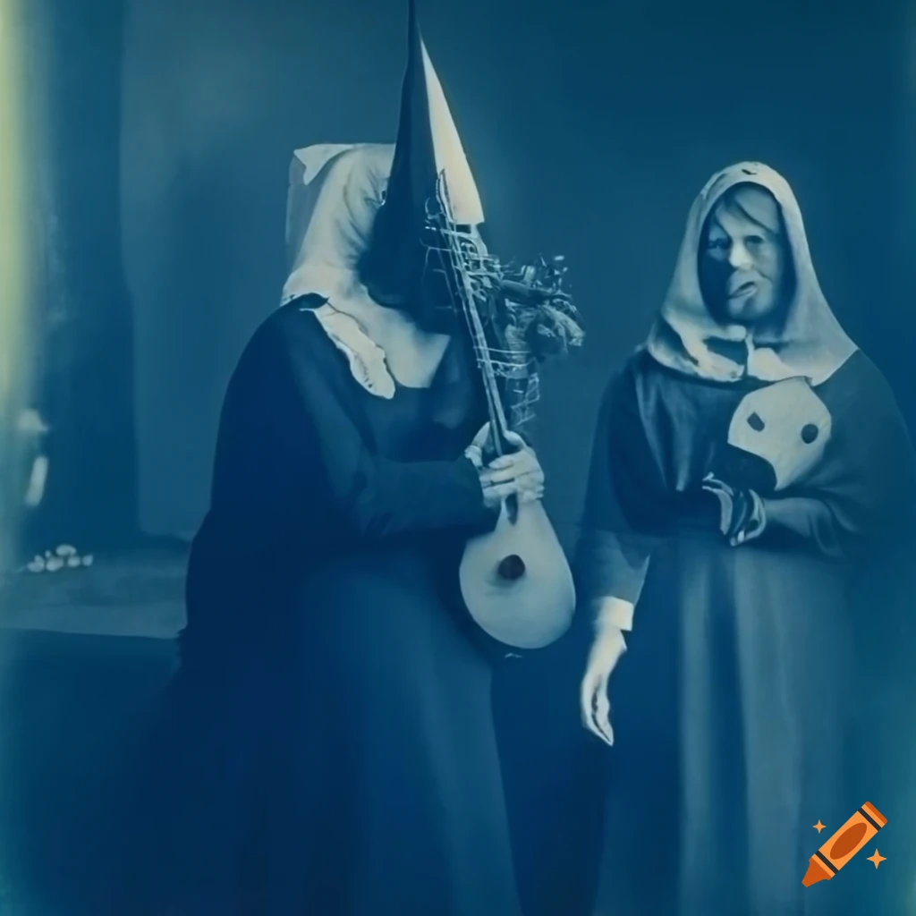 Cyanotype photograph of hooded female cult members playing musical ...