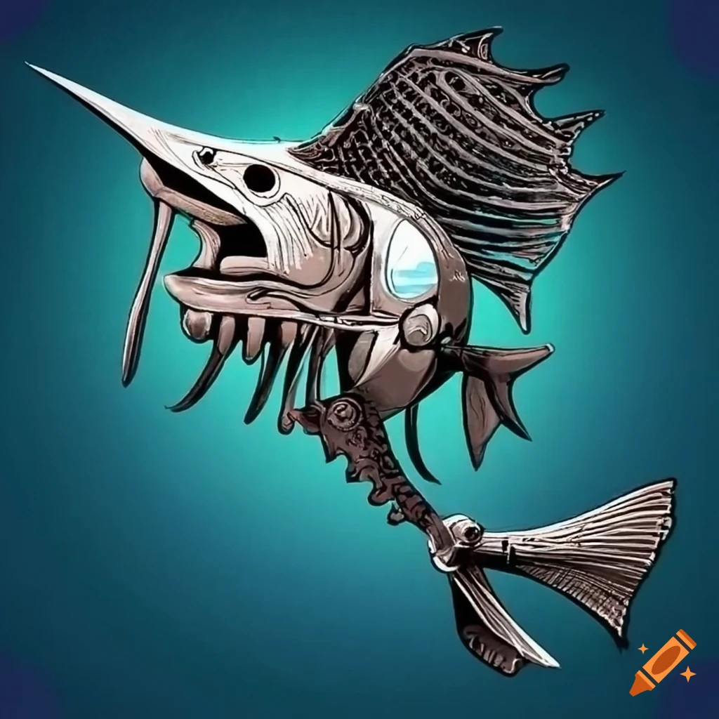 Cyberpunk art of a futuristic mechanical swordfish on Craiyon