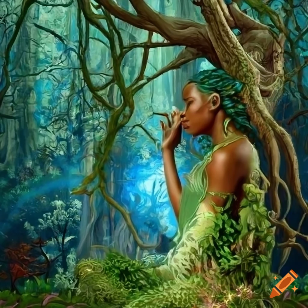 Digital art of a fierce forest goddess with blue hair on Craiyon