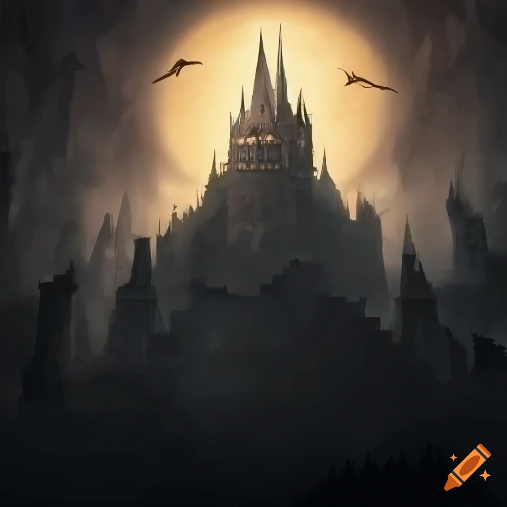 Illustrated fantasy castle in dark ambiance on Craiyon