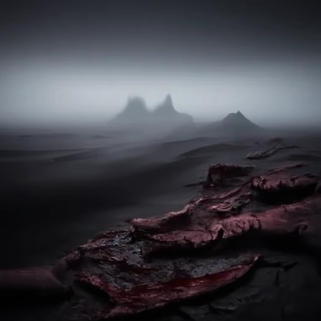 Bleak landscape in hell made of bloody flesh and bones on Craiyon