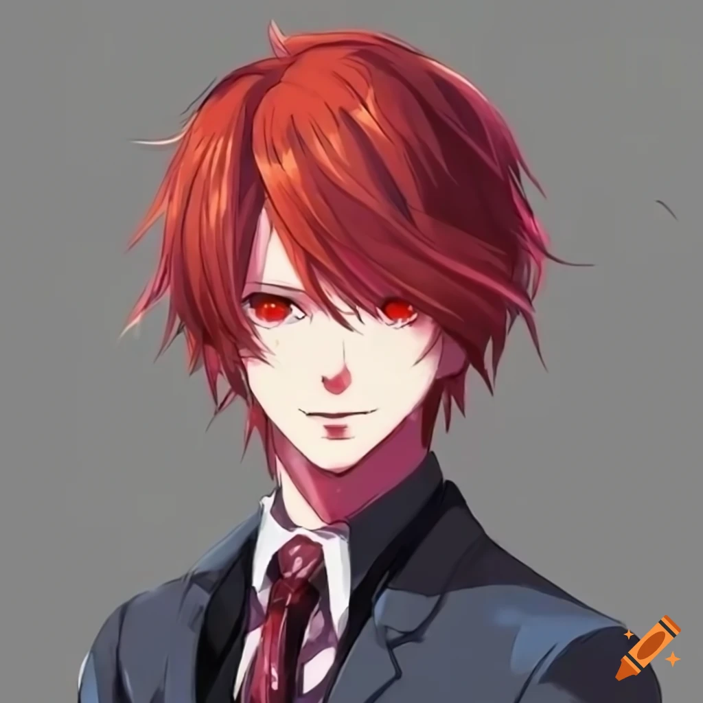 Portrait of a handsome anime man with red hair and red eyes on Craiyon