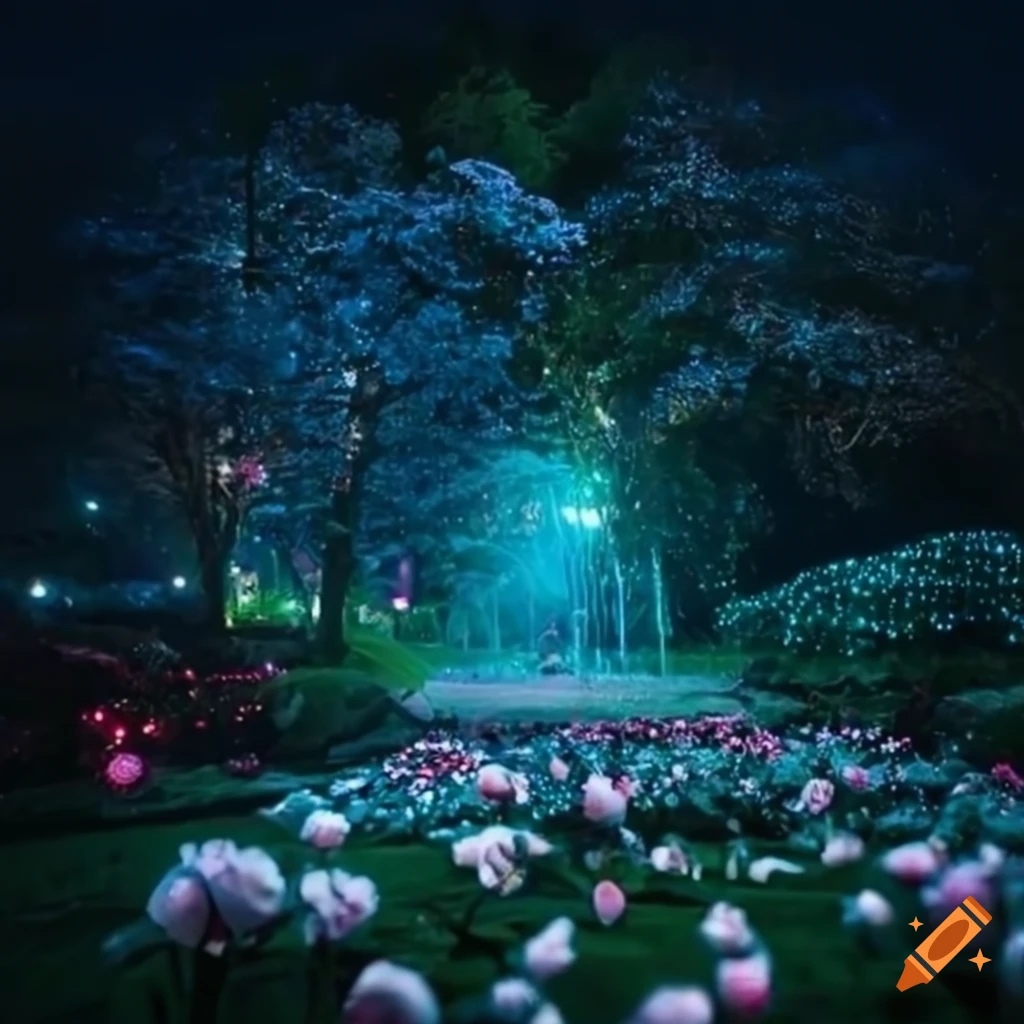 Night view of a illuminated rose garden on Craiyon