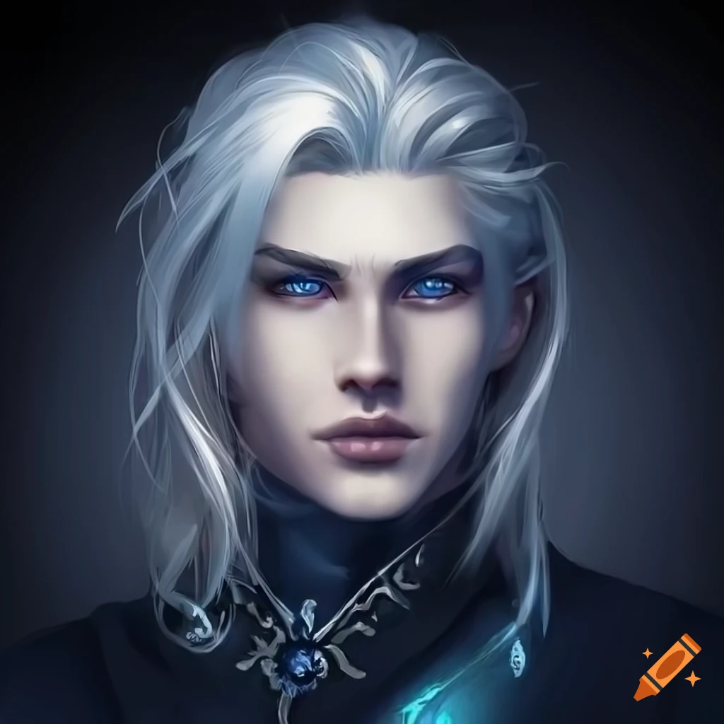 Portrait of a male fantasy character with blue eyes and long white hair ...