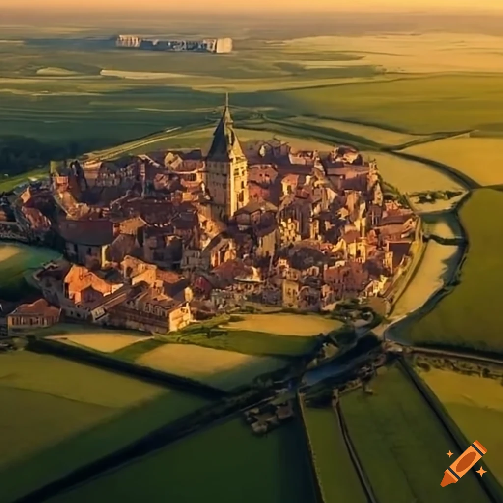 Aerial view of a renaissance town and surrounding fields on Craiyon