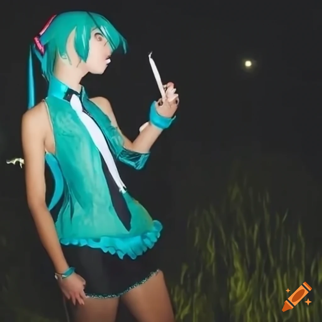 Humorous image of Drake dressed as Hatsune Miku smoking a bong on Craiyon